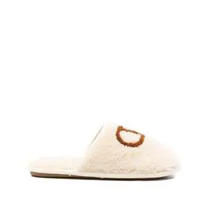 Valentino Garavani Logo Embroidered Sheepskin Slippers - Beige