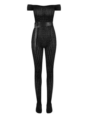 Manière De Voir Pointelle-knit Bardot-neck Jumpsuit - Black