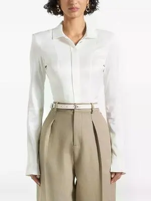 Manière De Voir Louise Wide Shoulder Satin Shirt Bodysuit - Neutrals