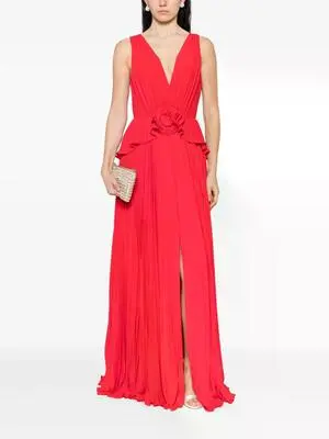 NISSA Pleated Rose-appliqué Maxi Dress