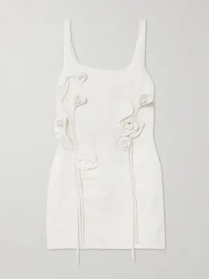 Farm Rio Floral-appliquéd Linen Mini Dress - Neutrals