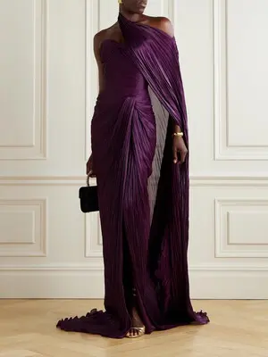 MARMAR HALIM Cape-effect Plissé Silk-satin Gown
