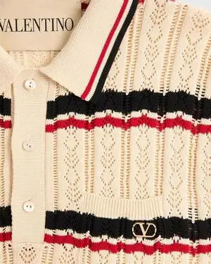 Valentino Garavani Apos;s Stripe Cotton Eyelet Vlogo-pocket Polo Shirt - Burro/nero