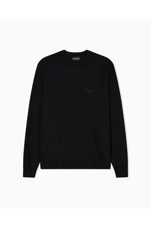 Emporio Armani Plain-knit Virgin Wool Jumper With Eagle Patch - Black