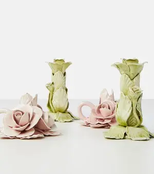 BITOSSI Set Of 2 Floral Ceramic Candleholders - Pink