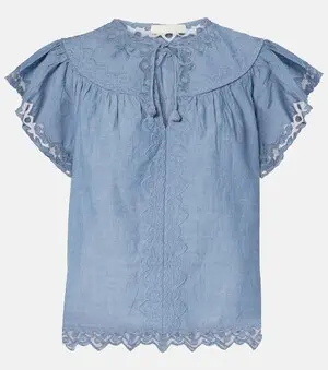 Ulla Johnson Effie Lace-trimmed Cotton Top - Blue