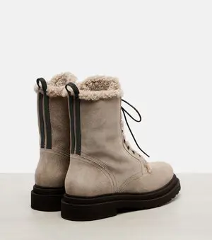 Brunello Cucinelli Shearling Trimmed Suede Combat Boots