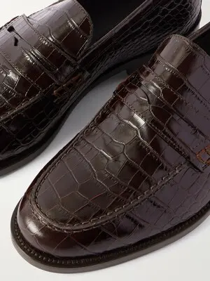 Manolo Blahnik Perry Croc-effect Leather Loafers - Brown
