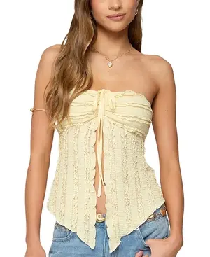 EDIKTED Textured Ruffle Split Front Strapless Top - Yellow