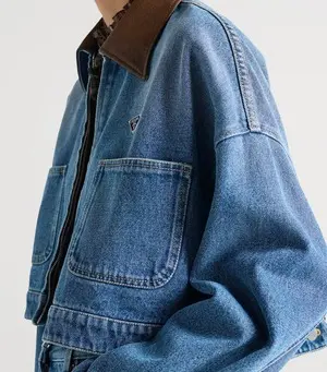 Prada Leather-collar Cropped Denim Jacket - Blue