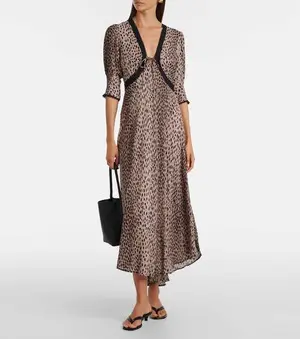 Rixo Amina Printed Crêpe De Chine Midi Dress - Brown