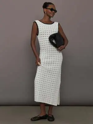 Carbon38 Open Back Knit Crochet Maxi Dress - Ivory