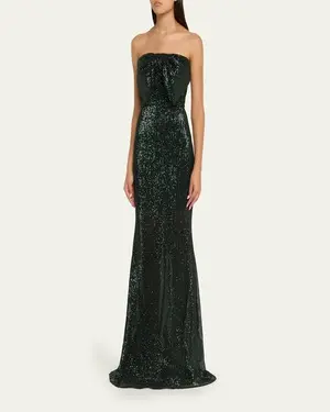 Badgley Mischka Strapless Bow-front Sequin Gown