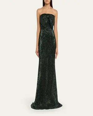 Badgley Mischka Strapless Bow-front Sequin Gown