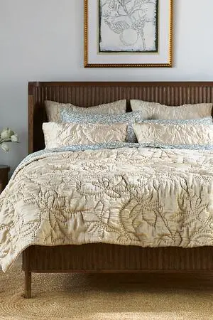 Anthropologie Silky Floral Stitched Quilt - Champagne