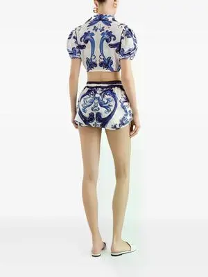 Dolce & Gabbana Majolica Print Puff Sleeve Cropped Top