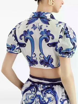 Dolce & Gabbana Majolica Print Puff Sleeve Cropped Top