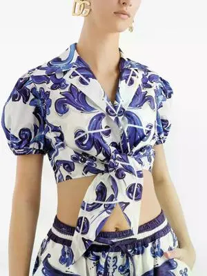 Dolce & Gabbana Majolica Print Puff Sleeve Cropped Top