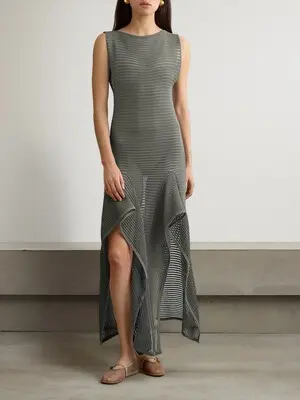 Alaïa Ruffled Open-knit Cotton-blend Midi Dress - Gray