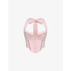 House Of Cb Floral-embroidered Corset Top - Pink