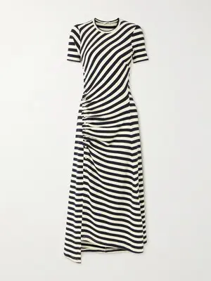 Rabanne Gathered Embellished Striped Midi Dress