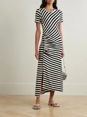 Rabanne Gathered Embellished Striped Midi Dress