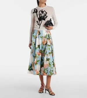 Erdem Floral Pleated Cotton Midi Skirt - Blue