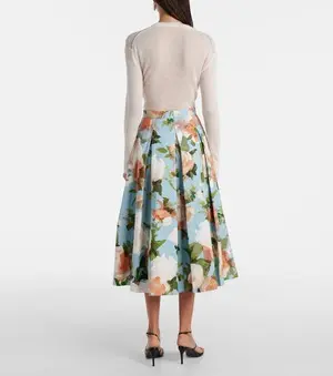 Erdem Floral Pleated Cotton Midi Skirt - Blue