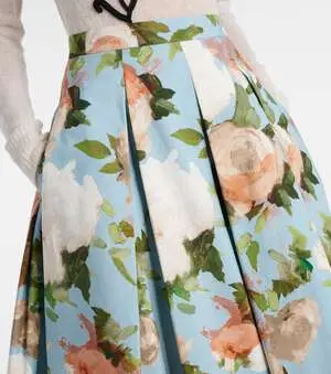 Erdem Floral Pleated Cotton Midi Skirt - Blue