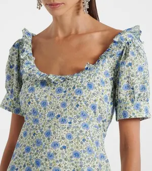 Rixo Sorana Floral Ruffled Cotton Midi Dress - Blue