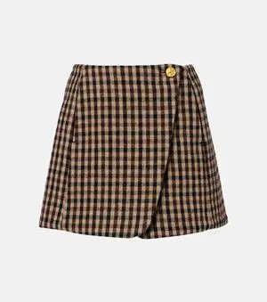 GANNI Checked Wool Wrap Skirt - Brown