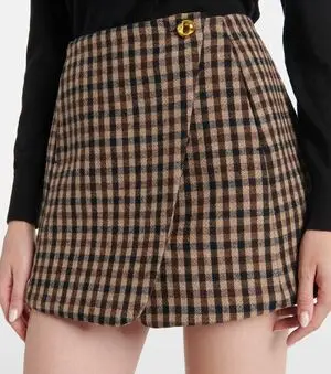 GANNI Checked Wool Wrap Skirt - Brown