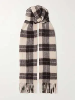 Saint Laurent Fringed Checked Llama And Wool-blend Scarf - Dark Brown