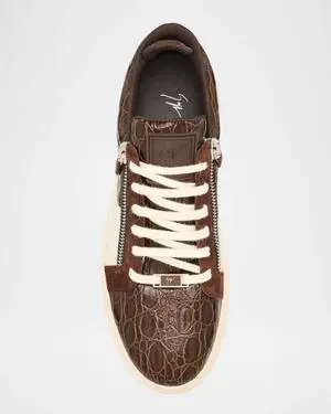 GIUSEPPE ZANOTTI Croc-effect And Suede Zip-up Low-top Sneakers - Caffe