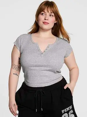 Pink Multi Rib Henley Tee - Grey