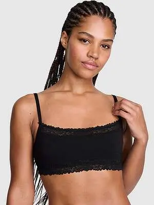 Pink Cotton Lace-trim Scoop Bralette - Black