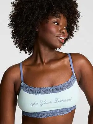 Pink Cotton Unlined Lace-trim Scoop Bralette - Blue