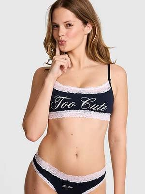 Pink Cotton Unlined Lace-trim Scoop Bralette - Blue