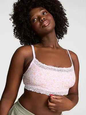 Pink Cotton Lace-trim Scoop Bralette - Floral