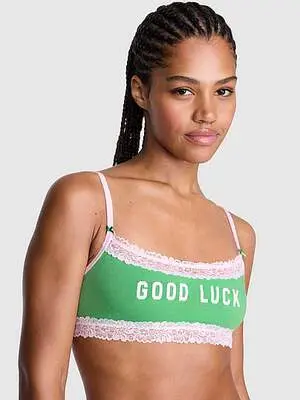 Pink Cotton Lace-trim Scoop Bralette - Green
