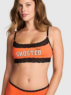 Pink Cotton Unlined Lace-trim Scoop Bralette Orange