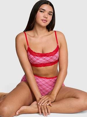 Pink Cotton Unlined Lace-trim Scoop Bralette - Print