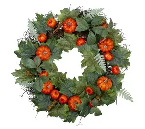 NORTHLIGHT Maple And Fern Leaves With Pumpkins Reath 24 - One-color