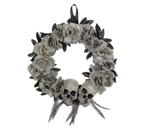 NORTHLIGHT Double Skull And Gray Roses Hallowee Wreath 16 - One-color
