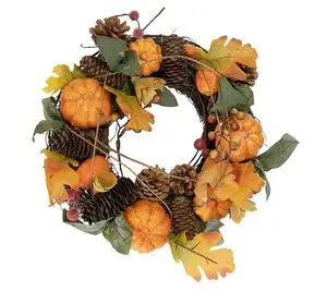 NORTHLIGHT Pumpkin & Pinecone Fall Harvest Wrea H 13.5 - One-color