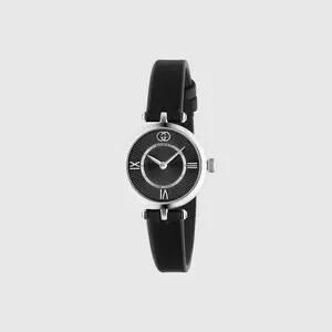 Gucci Watch With Black Leather Strap - Steel