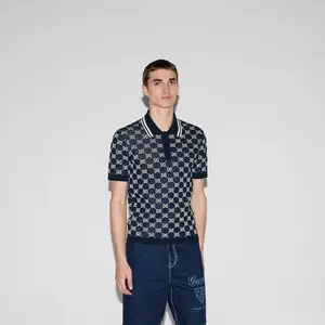 Gucci Gg Cotton Knit Jacquard Polo Shirt - Blue