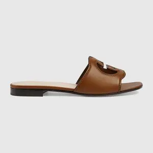 Gucci Slide Sandal With Interlocking G Leather - Brown