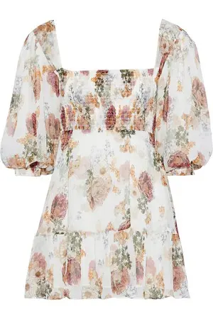 NICHOLAS Shirred Floral-print Silk-georgette Mini Dress - White