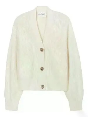 Closed V-neck Ribbed Cardigan - White